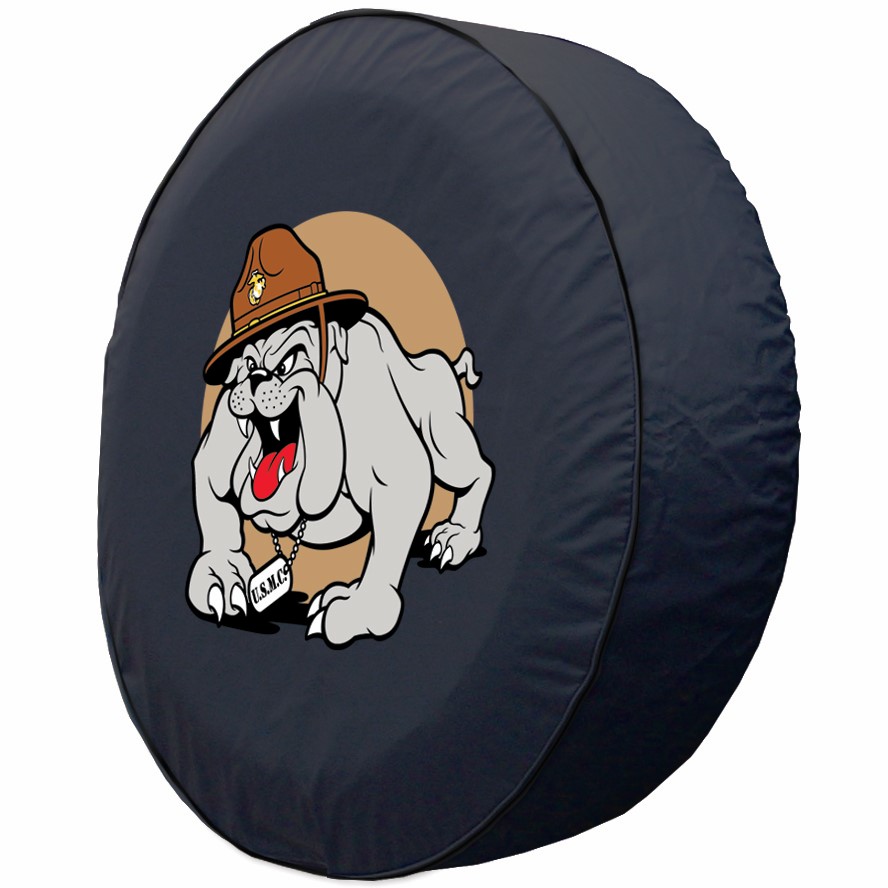 Marine Corp Tire Cover with Bulldog Logo on Black Vinyl